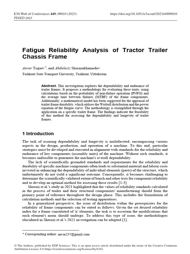 Fatigue Reliability Analysis of Tractor Trailer CH | PDF