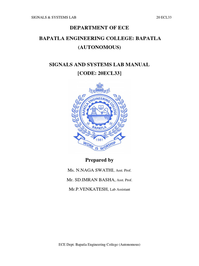Signals and Systems Lab Manual 20ECL33 | PDF | Matrix (Mathematics ...