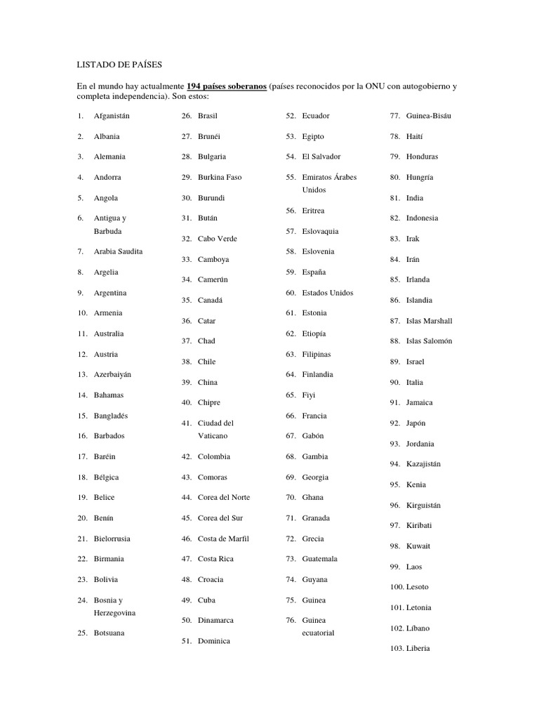 Lista De 194 Países Del Mundo Pdf