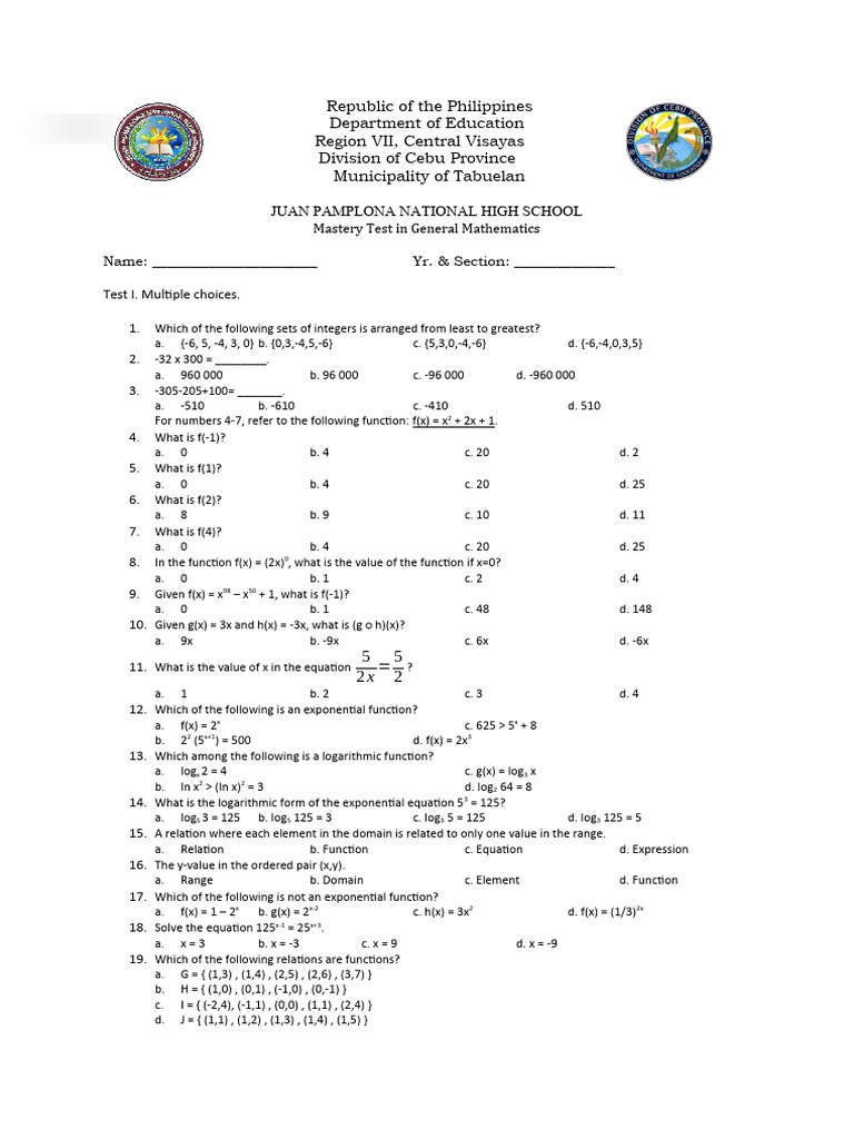 Mastery in Gen. Math | PDF | Function (Mathematics) | Abstract Algebra