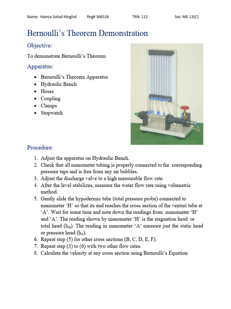 Bernoulli's Theorem Demonstration | PDF | Pressure | Flow Measurement Bernoulli's Theorem Demonstration | PDF | Pressure | Flow Measurement