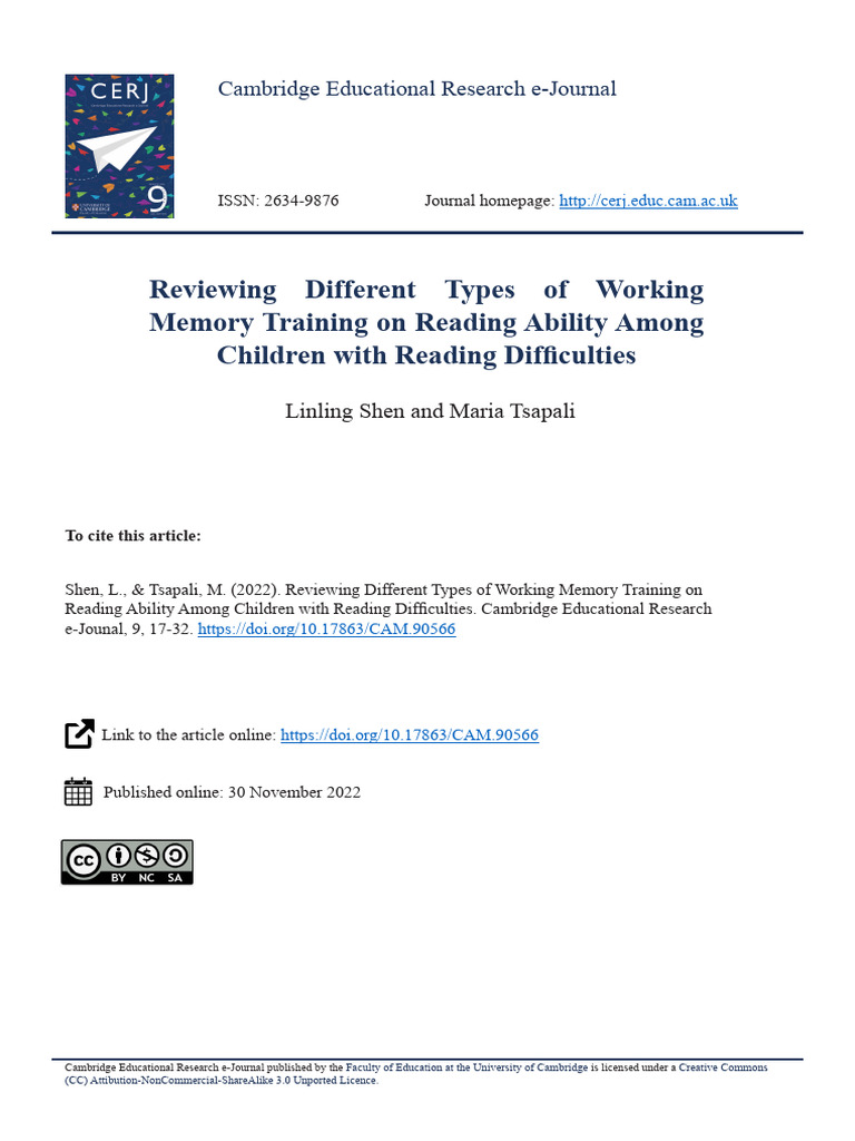 Reviewing Different Types of Working Memory Training On Reading Ability Among Children With ...