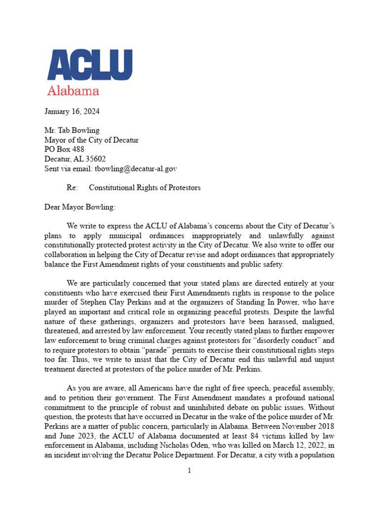 ACLU Letter To Decatur Mayor | PDF | First Amendment To The United ...