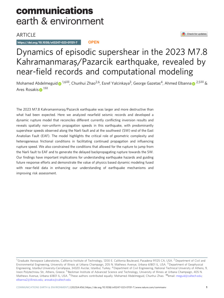 Dynamics of Episodic Supershear in The 2023 | PDF | Earthquakes | Fault ...