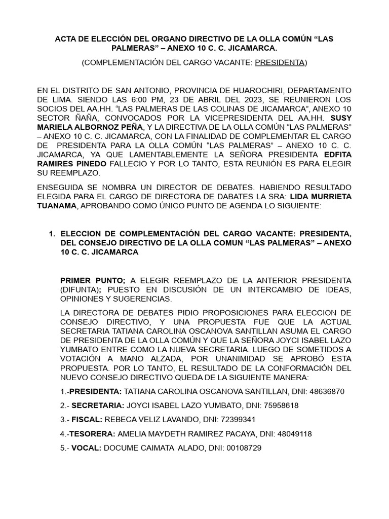 ACTA DE ELECCIÓN NUEVA PRESIDENTA DEL CONSEJO DIRECTIVO OLLA COMUN LAS PALMERAS ANEXO 10 | PDF ...