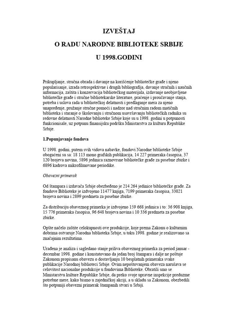 Izvestaj o Radu NBS (1998) | PDF