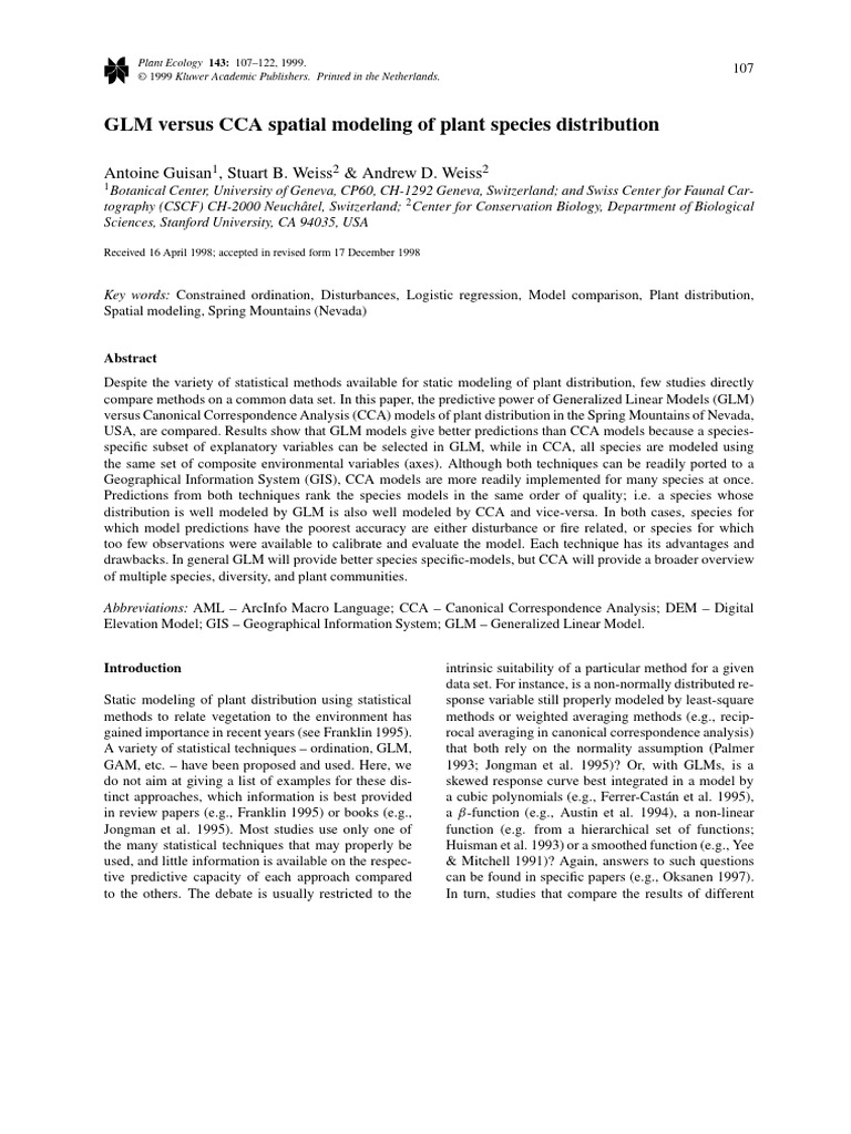 Glm Versus Cca Spatial Modeling Of Plant Species Distribution Pdf Logistic Regression