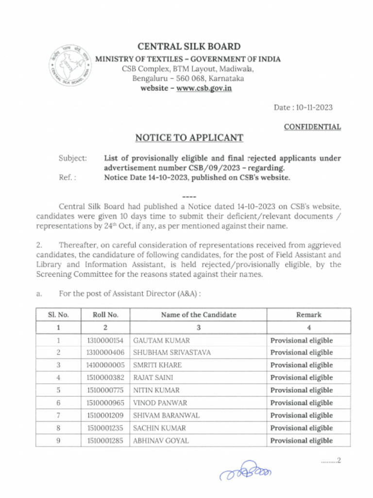 Notice Final Rejected and Prov Eligible List | PDF
