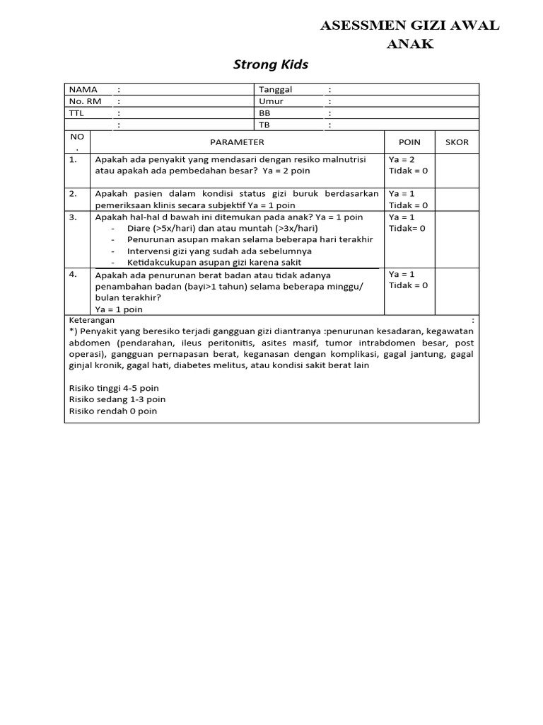 Formulir Skrining Gizi Anak Strong Kids | PDF