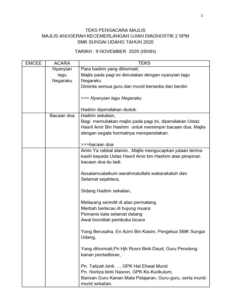 Teks Pengacara Majlis Anugerah Kecemerlangan UD2 | PDF