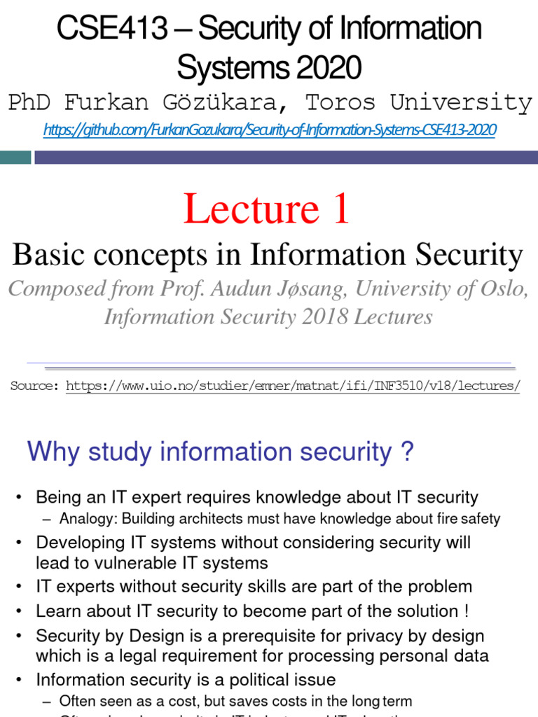 Lecture 1 - Basic Concepts in Information Security | PDF | Information Security | Security