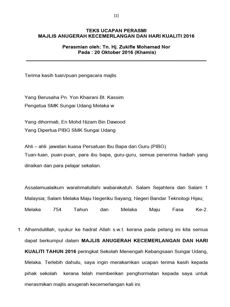 TEKS UCAPAN PERASMI MAJLIS ANUGERAH CEMERLANG DAN HARI KUALITI Edit | PDF