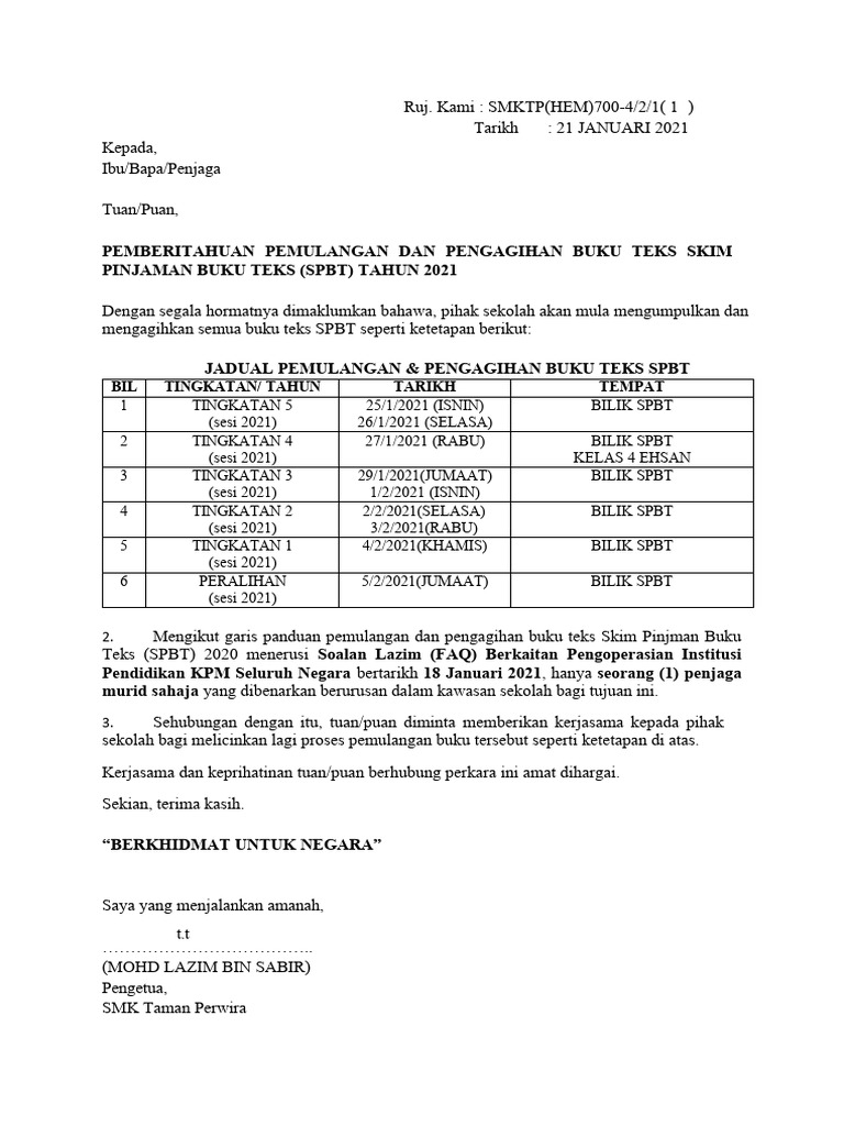 Jadual Pulangan Buku Teks | PDF