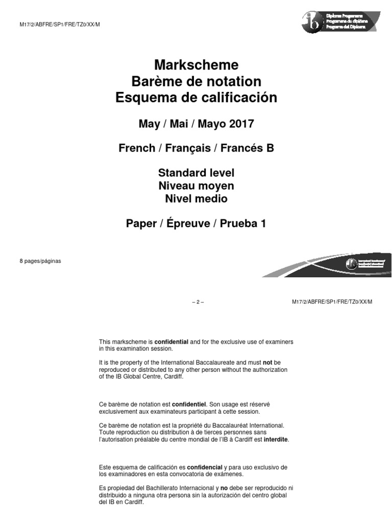 French B Paper 1 SL Markscheme French | PDF