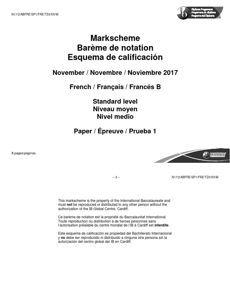 IB French B SL Markscheme | PDF