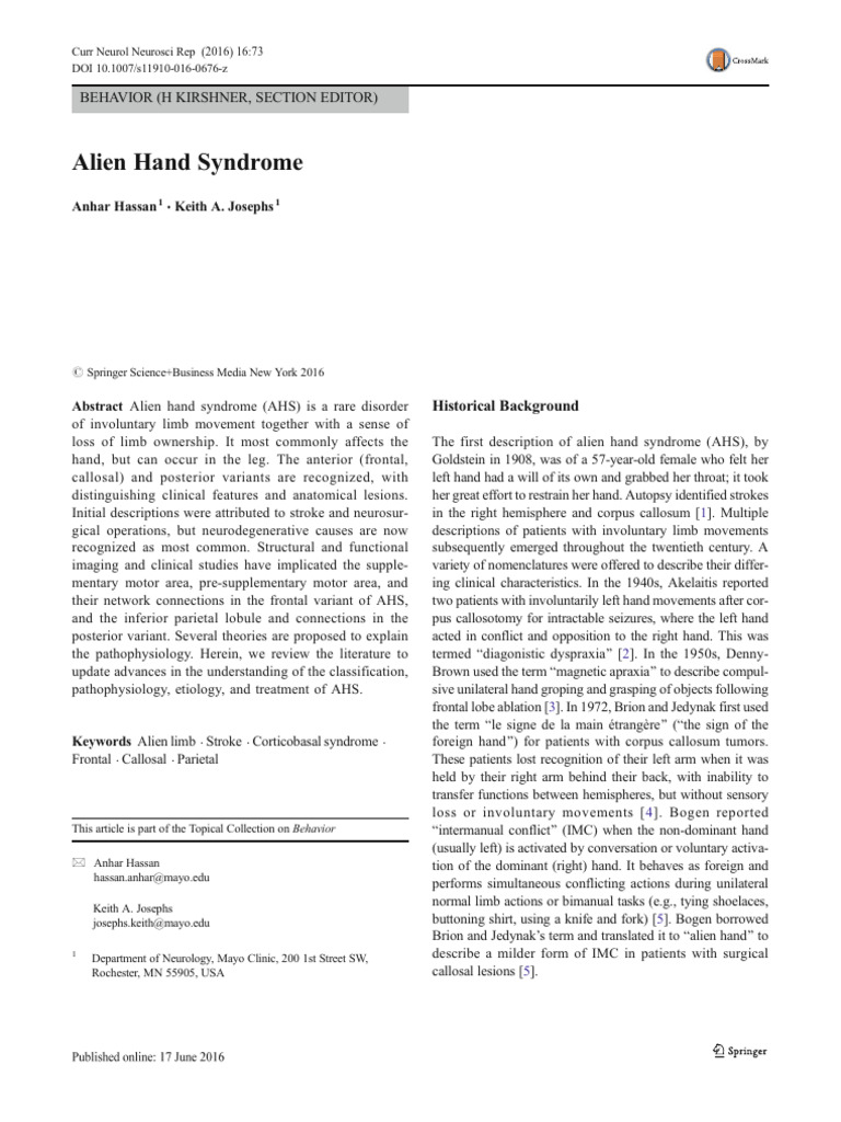 Alien Hand Syndrome | PDF | Parietal Lobe | Corpus Callosum
