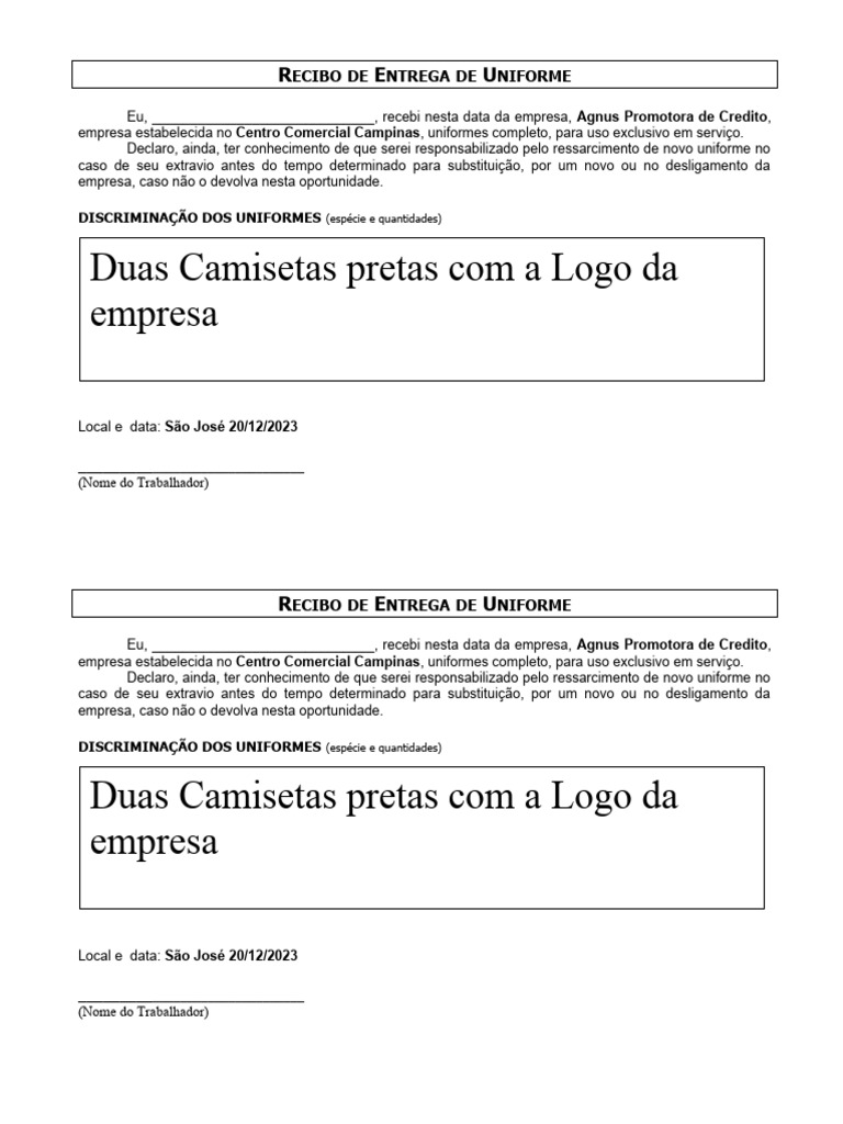 Recibo De Entrega De Uniforme Pdf