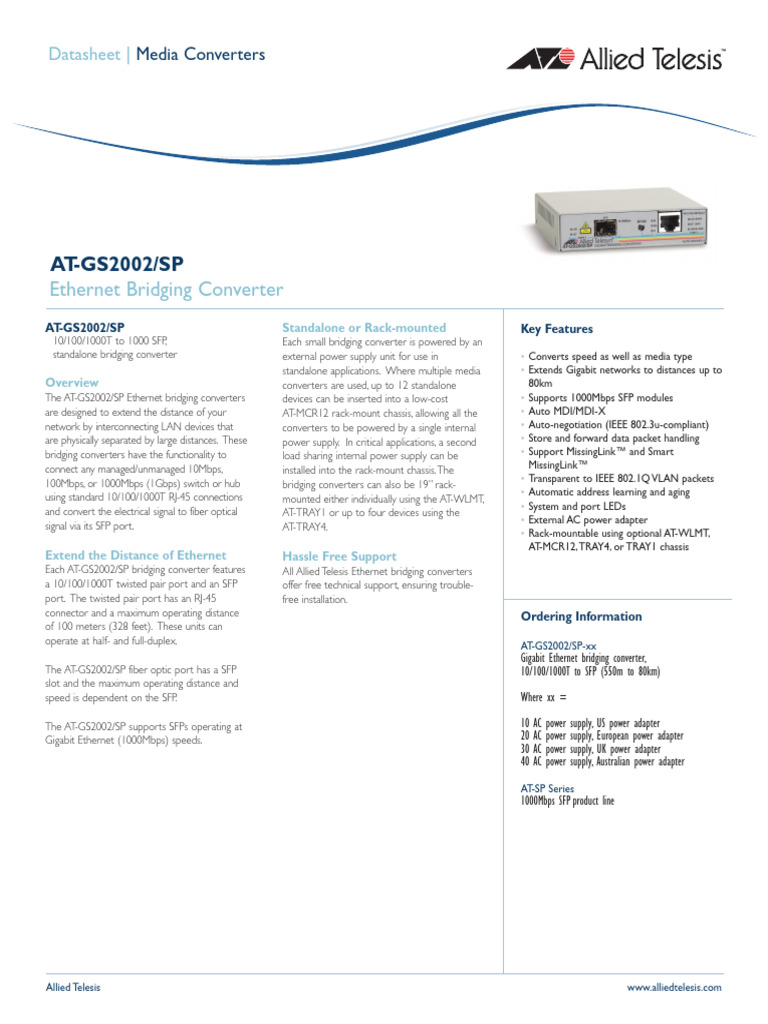 Allied Telesis - at gs2002 SP - Data Sheet | PDF | Physical Layer Protocols | Information And ...