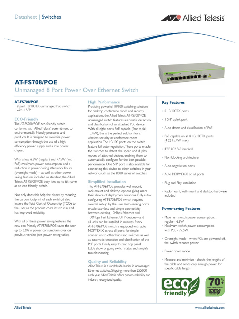 allied-telesis_at-fs708-poe_data-sheet | PDF | Network Switch | Ethernet