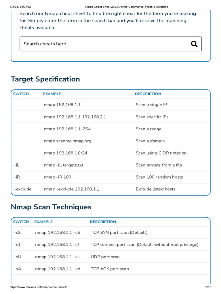 Nmap Cheat Sheet 2023 | PDF | Port (Computer Networking) | Transmission Control Protocol