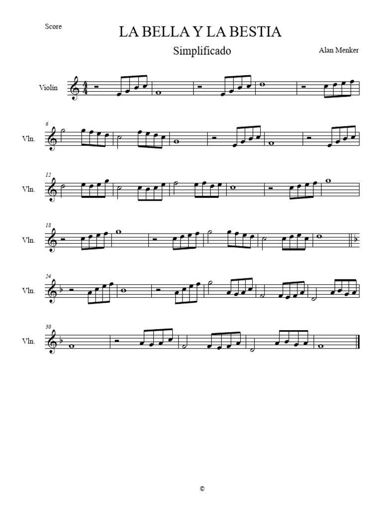 Partitura Simplificada: La Bella y la Bestia | PDF