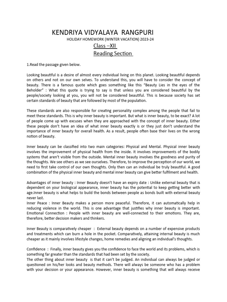 Holiday Homework Class XII (Winter Vacation) 2023-24 | PDF | Beauty ...