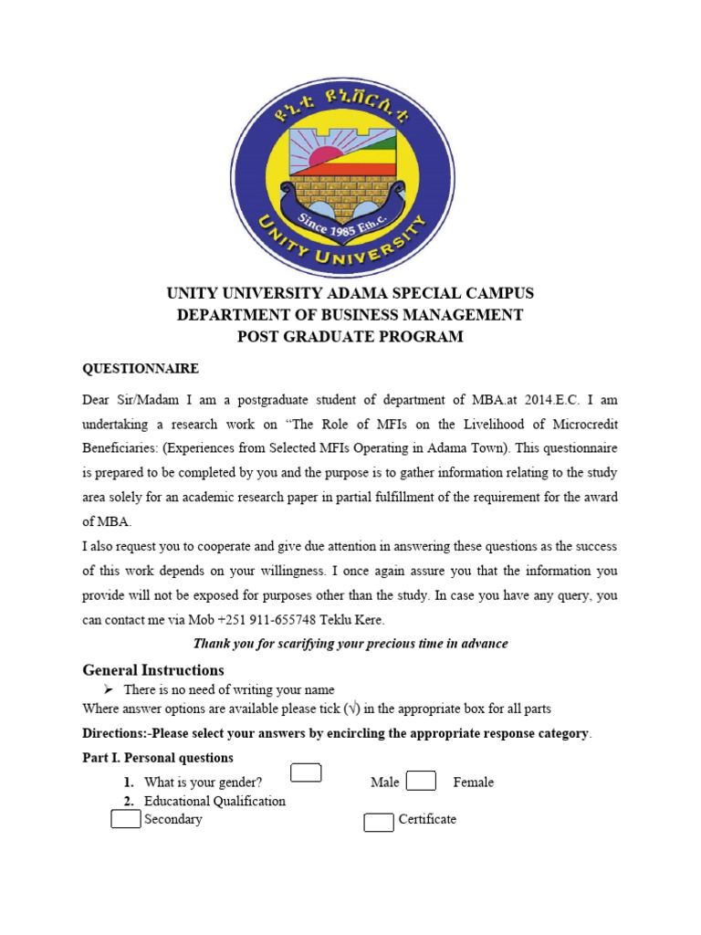 Tekllu Kere Questionnaires | PDF | Microfinance | Loans