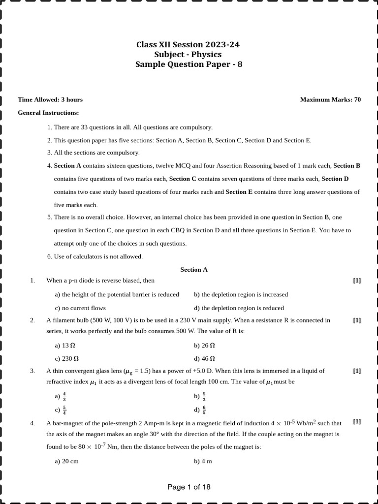 Cbse Class 12th Physics Sample Paper With Solution | PDF Cbse Class 12th Physics Sample Paper With Solution | PDF