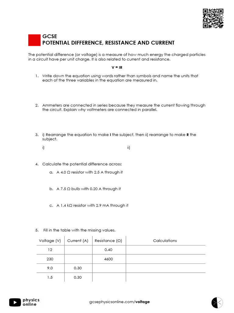 GCSE Potential Difference, Resistance and Current | PDF