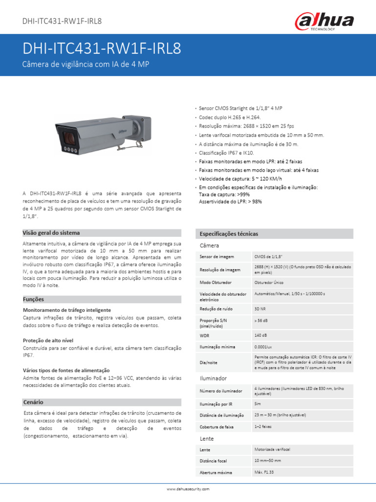 DHI-ITC431-RW1F-IRL8 Datasheet 20221201 PTBR | PDF | Câmera | Rede de ...