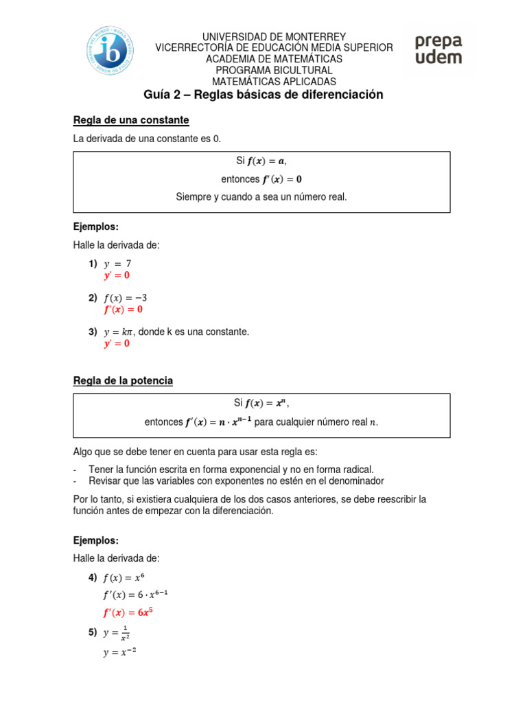 2 - Reglas Básicas de Diferenciación - BC - Guía y Lab - PR23 | PDF | Sustracción | Derivado