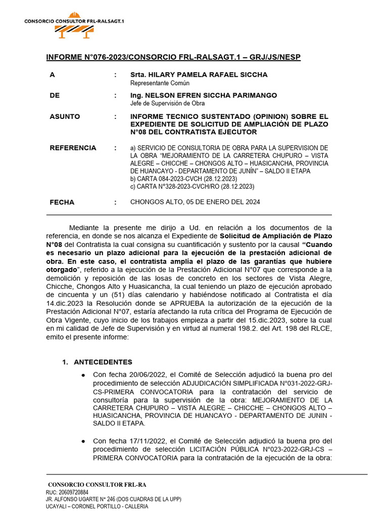 INFORME N°076-2023-NESP Opinión Ampliación de Plazo N°08 - Losas Rigidas | PDF | Hormigón ...