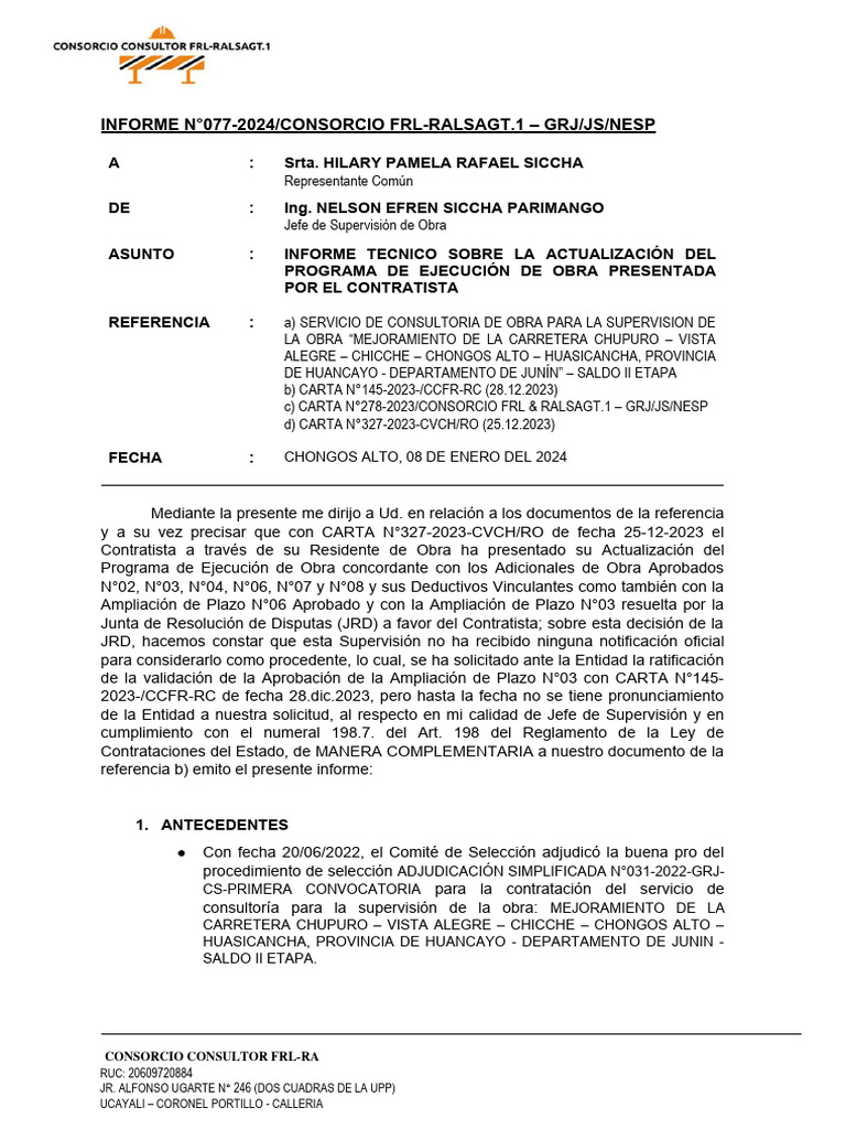 INFORME_N°077-2024-NESP_Informe Super Actualización Prog. Ejec. Obra | PDF