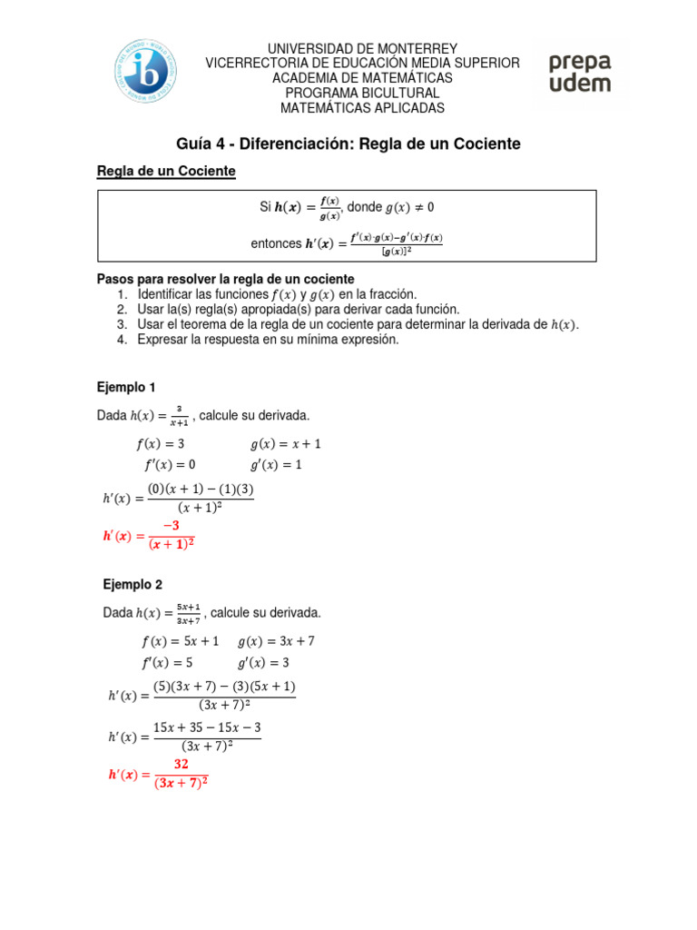 4 - Diferenciación - Regla de Un Cociente - BC - Guía y Lab PR23 | Descargar gratis PDF ...