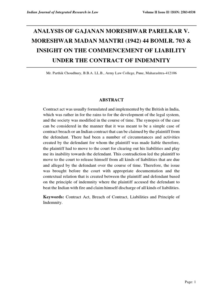 Analysis of Gajanan Moreshwar Parelkar v. Moreshwar Madan Mantri 1942 ...