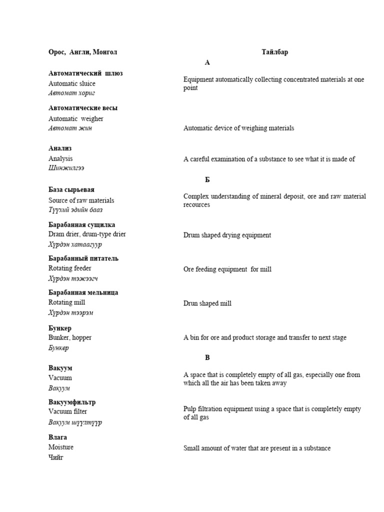 Glossary Technical Rus-Eng-Mong | PDF | Mill (Grinding) | Filtration