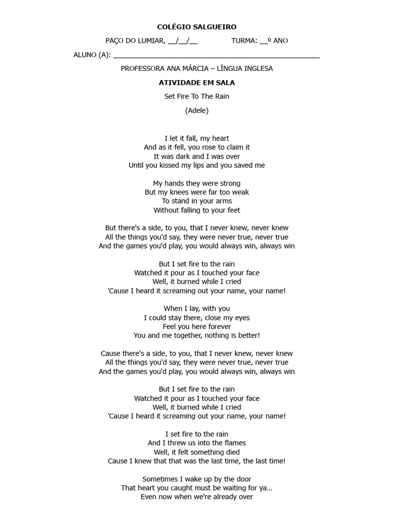 Atividade Inglês Canção Set Fire To The Rain Pdf Songs Written Adele
