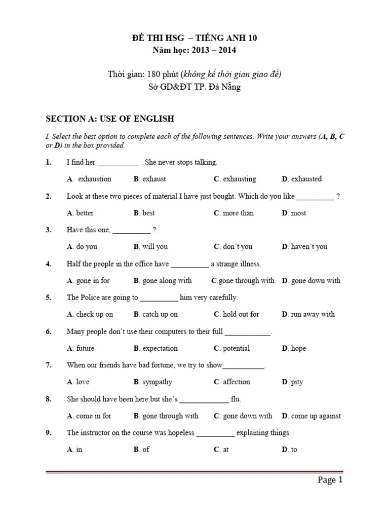 De Thi Hoc Sinh Gioi Mon Tieng Anh Lop 10 TP Da Nang | PDF | Language Arts & Discipline