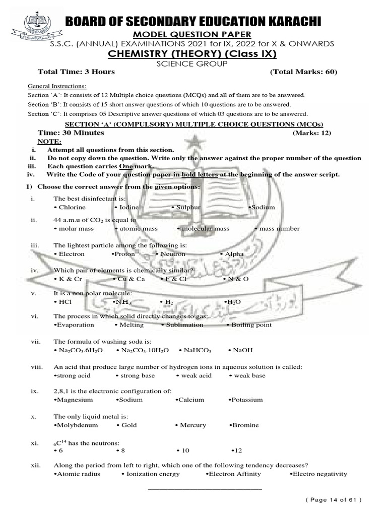 9th Model Paper Karachi Chemistry | PDF | Chemistry | Chemical Bond