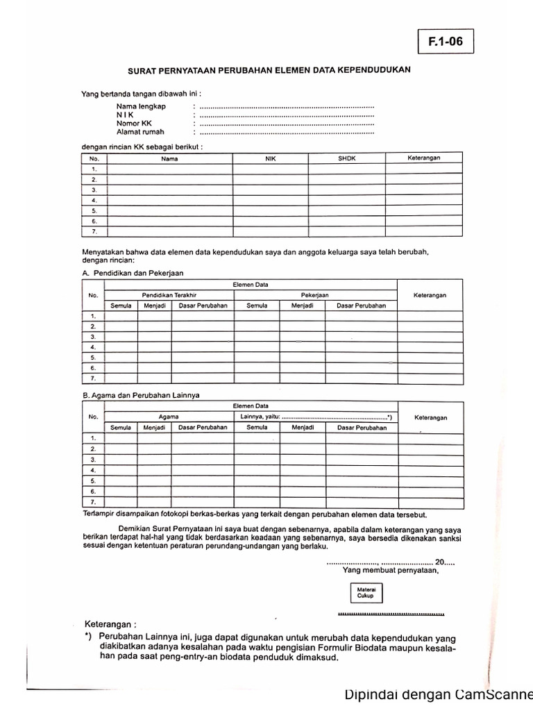 FORMULIR F1.06 - Perubahan Data Elemen | PDF