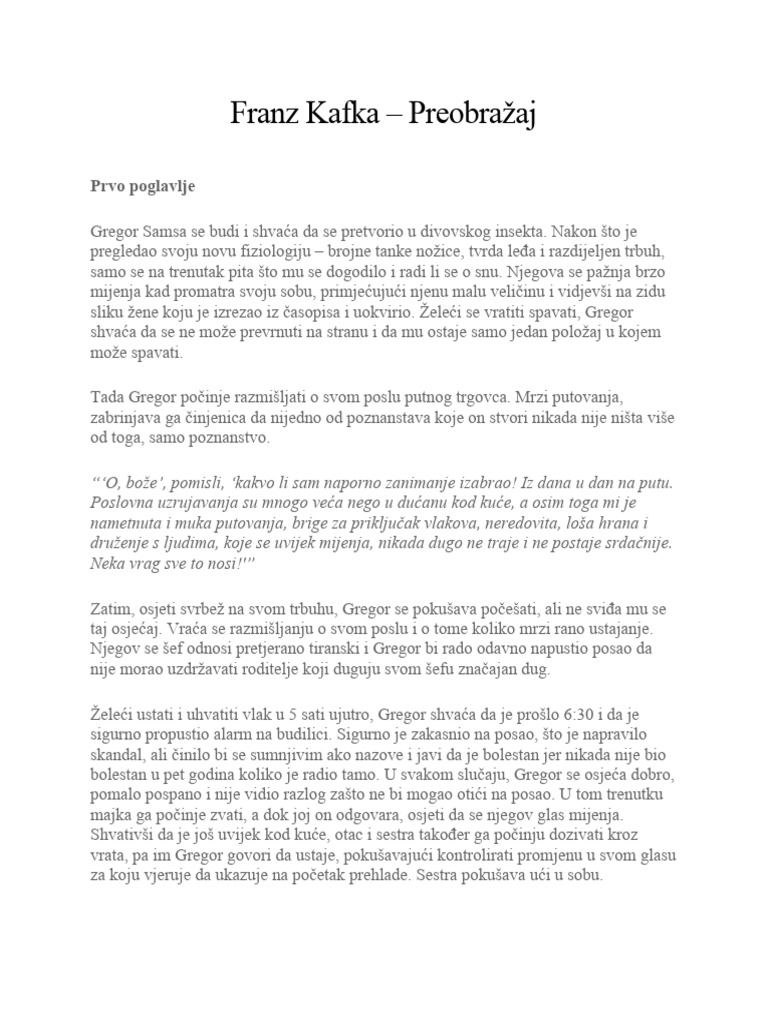 Franz Kafka - Preobražaj | PDF