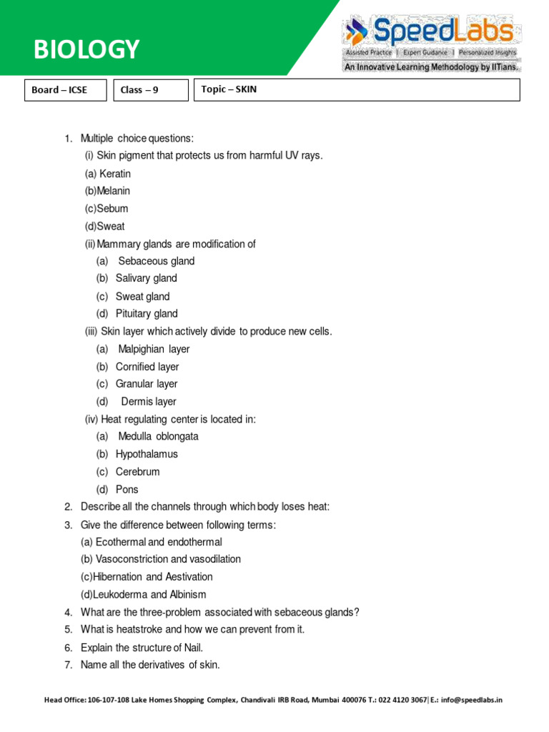 Skin Functions and MCQs for ICSE Class 9 | PDF | Skin | Human Anatomy