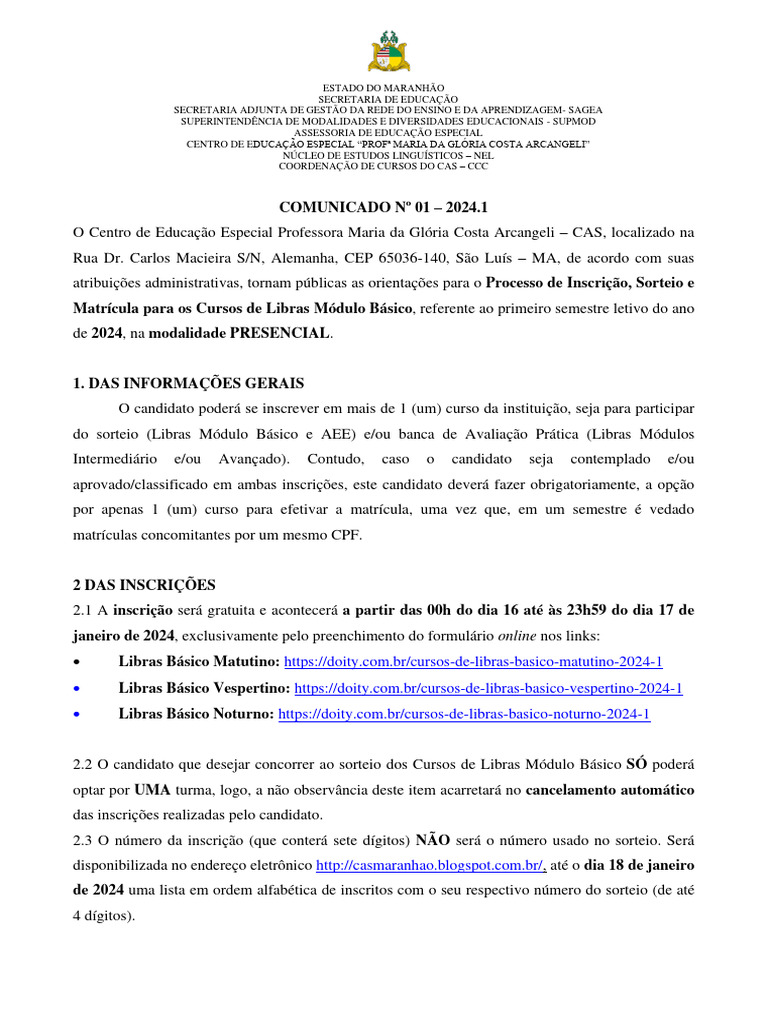 CCC Comunicado 01 2024 1 Básico | PDF | Educación especial