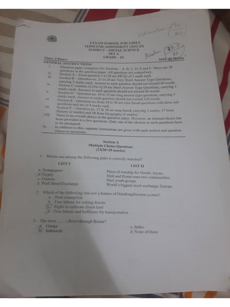 Social Science End Term Question Paper | PDF