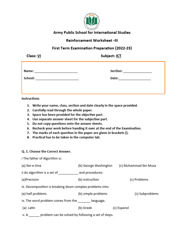 ICT - Reinforcement - WS - Grade 6 | PDF | Algorithms | Mathematical Logic