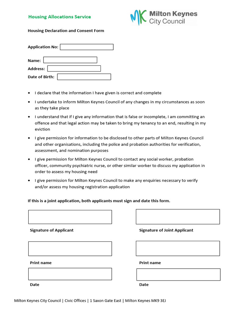 Housing Declaration and Consent Form MKCC (Editable) | PDF