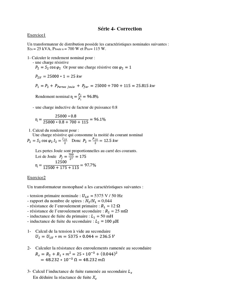 Transformateurs Monophasés Et Triphasés Série 4 Correction | PDF