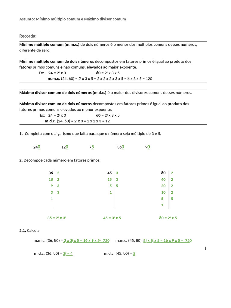 Ficha Matematica 6 Ano MDC MMC Solucoes | Download grátis PDF | Matemática | Aritmética