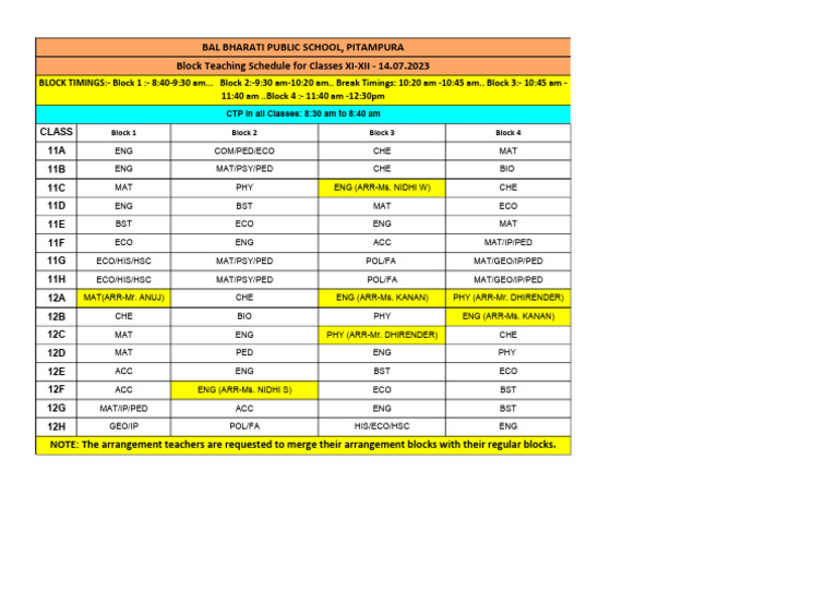 Block Teaching Schedule For Classes XI-XII - 14.07.2023 Bal Bharati Public School, Pitampura | PDF