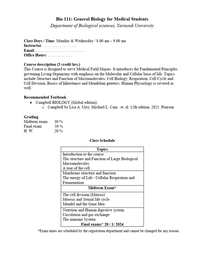 BIO 111 Course Syllabus | PDF